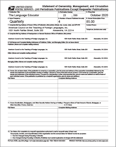 ACTFL - Fall 2020 Statement of Ownership, Management, and Circulation