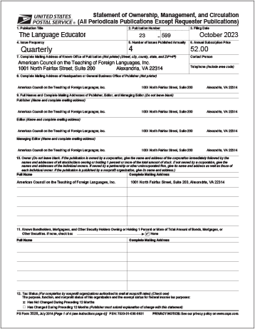ACTFL - Fall 2023 Statement of Ownership, Management, and Circulation