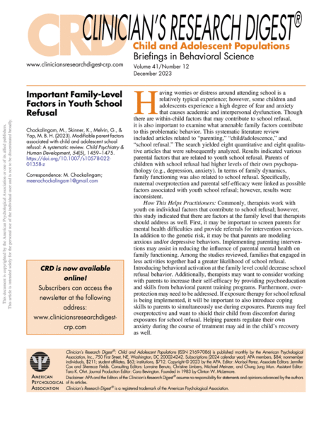 Clinician’s Research Digest: Child and Adolescent Populations - Issue ...