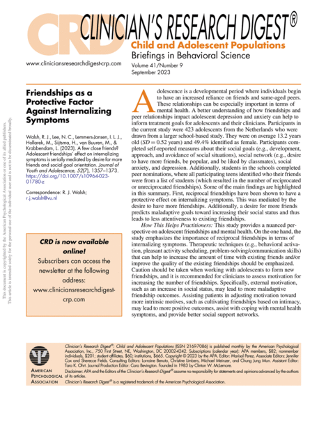 Clinician’s Research Digest: Child and Adolescent Populations - Issue ...